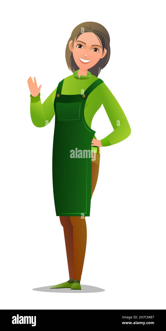 Woman craftsman or artist. Girl in apron. Master in workwear. Cheerful ...