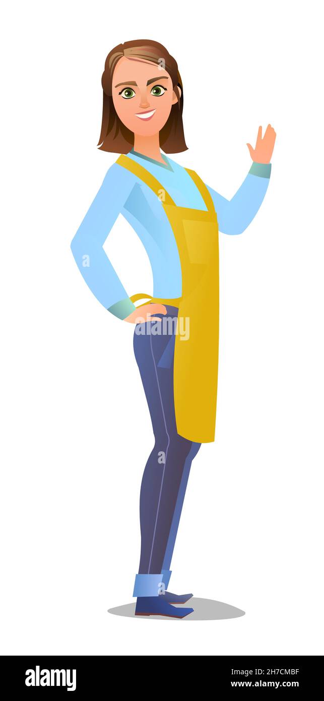Woman craftsman or artist. Girl in apron. Master in workwear. Cheerful ...