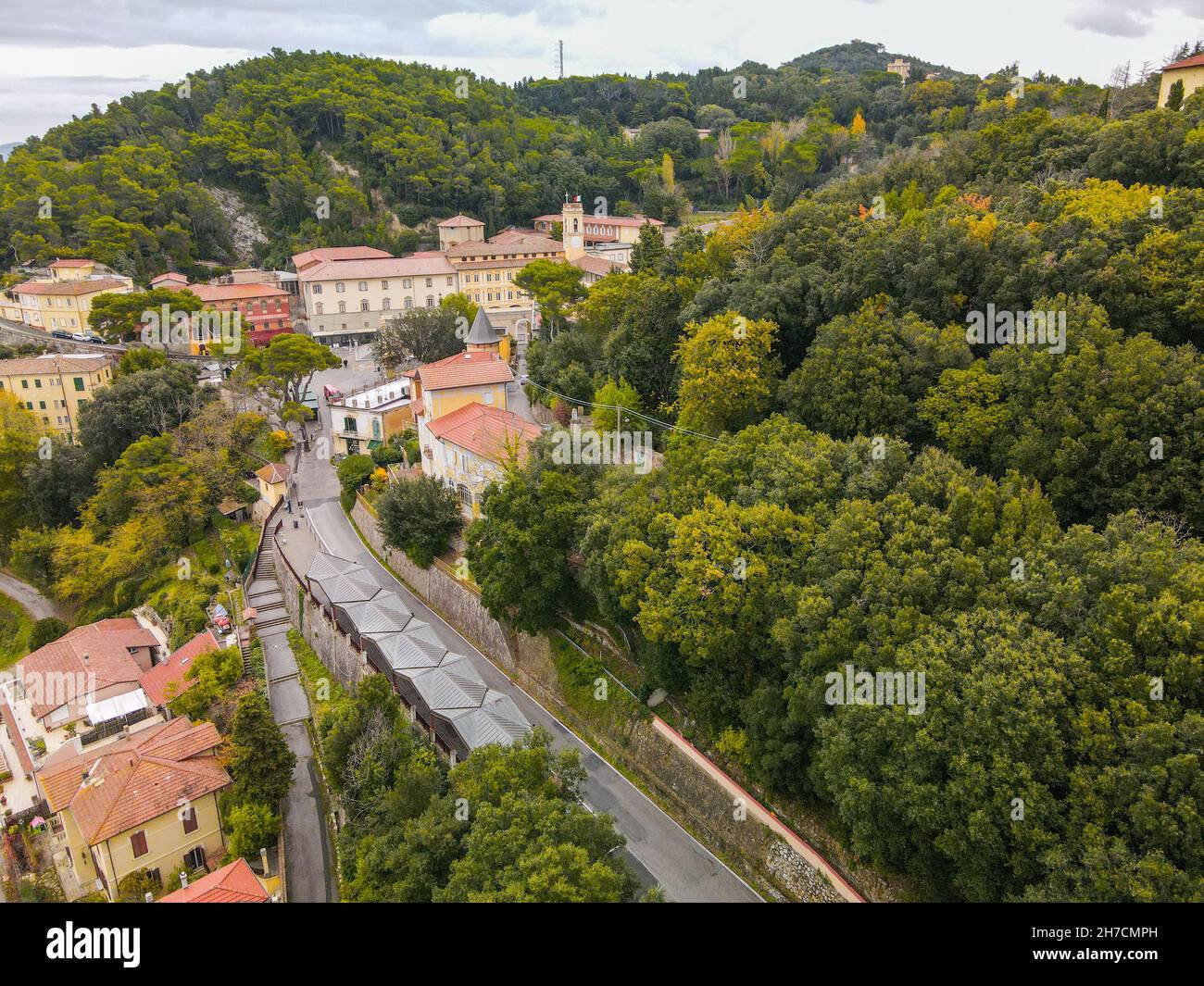 Aerial view of Montenero Sanctuary from drone, Tuscany, Italy Stock ...