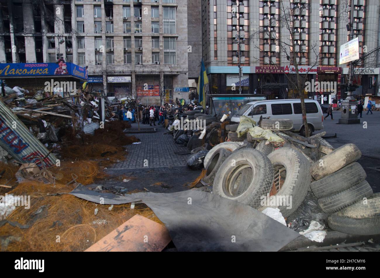 Barricades at Maidan Nezalezhnosti square in Kiev, Ukraine, during the ...