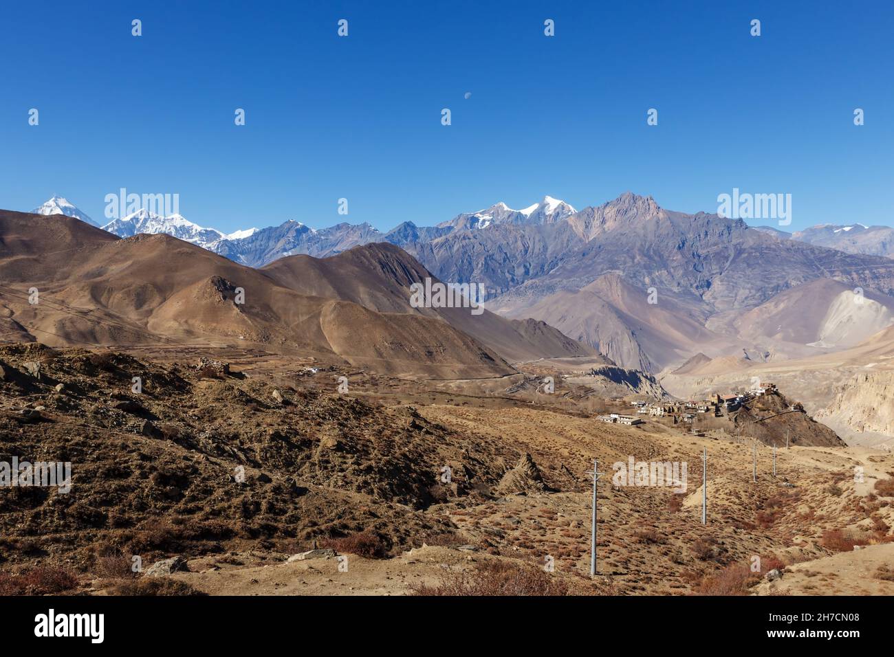 View of the village of Jharkot. Mustang District, Nepal. Dhaulagiri and ...