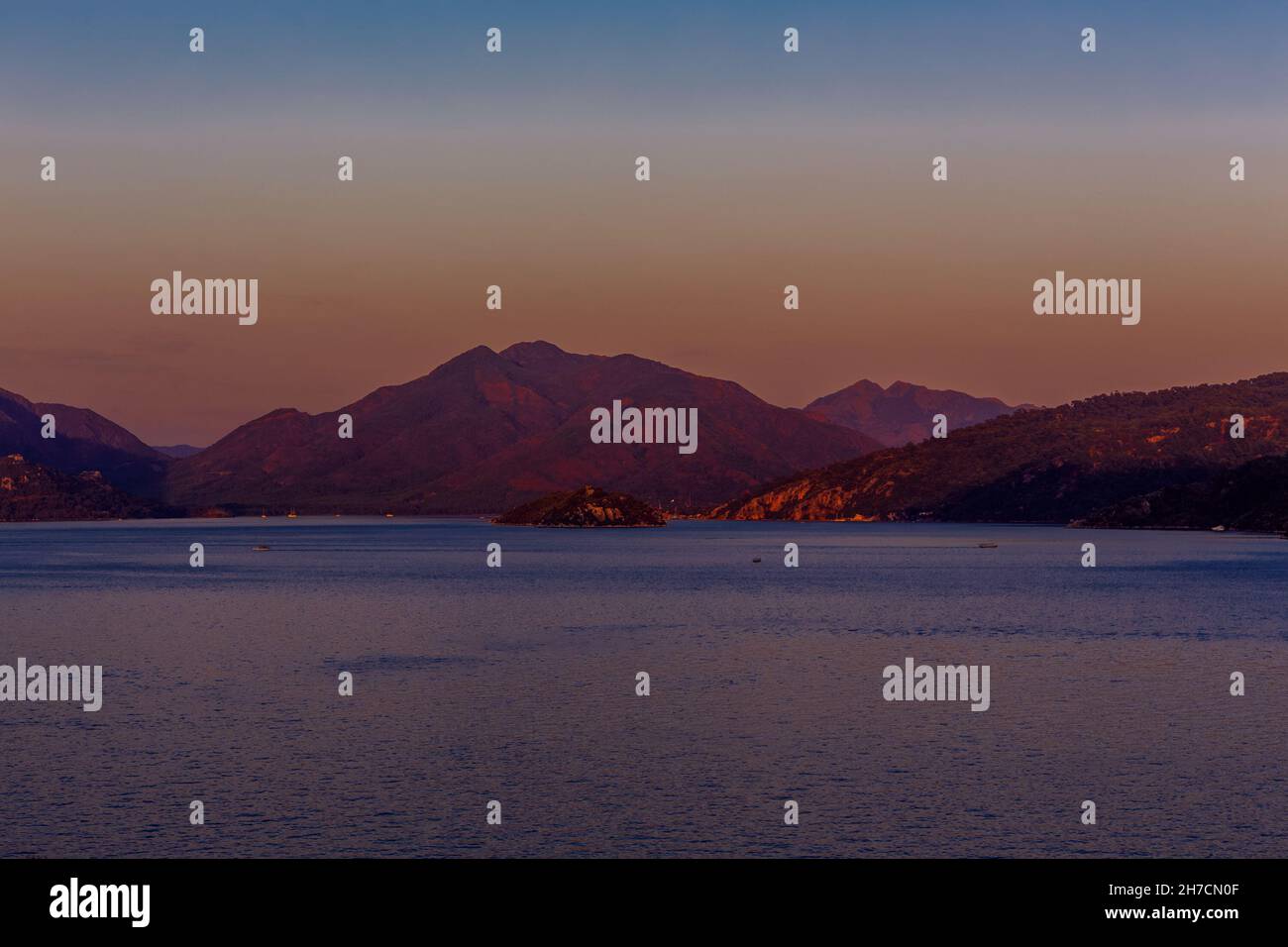 Beautiful coastal mountains at sunrise in Marmaris, Turkey Stock Photo ...