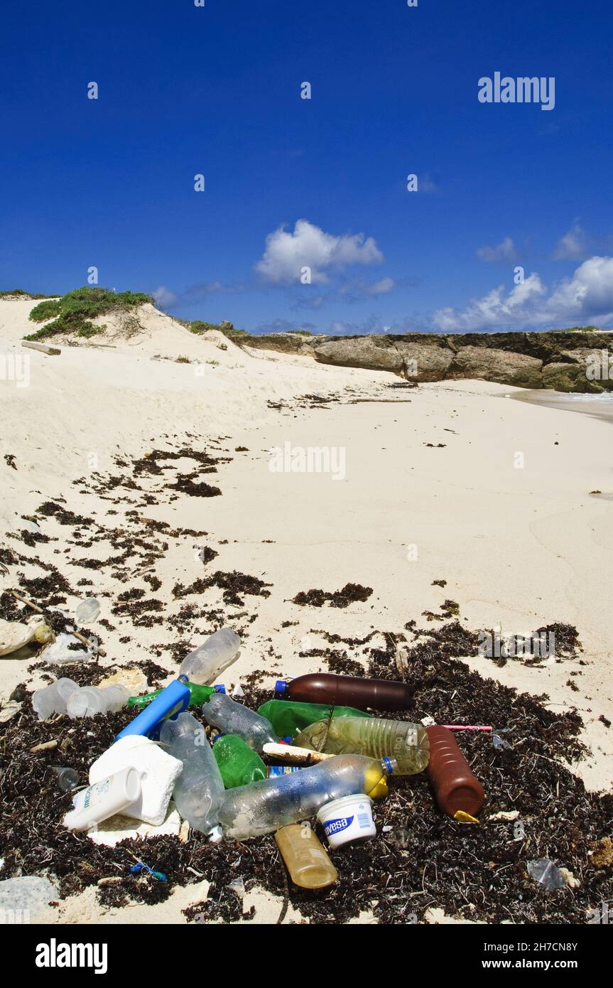 Flotsam wikt trash on the beach, Netherlands Antilles, Bonaire Stock ...