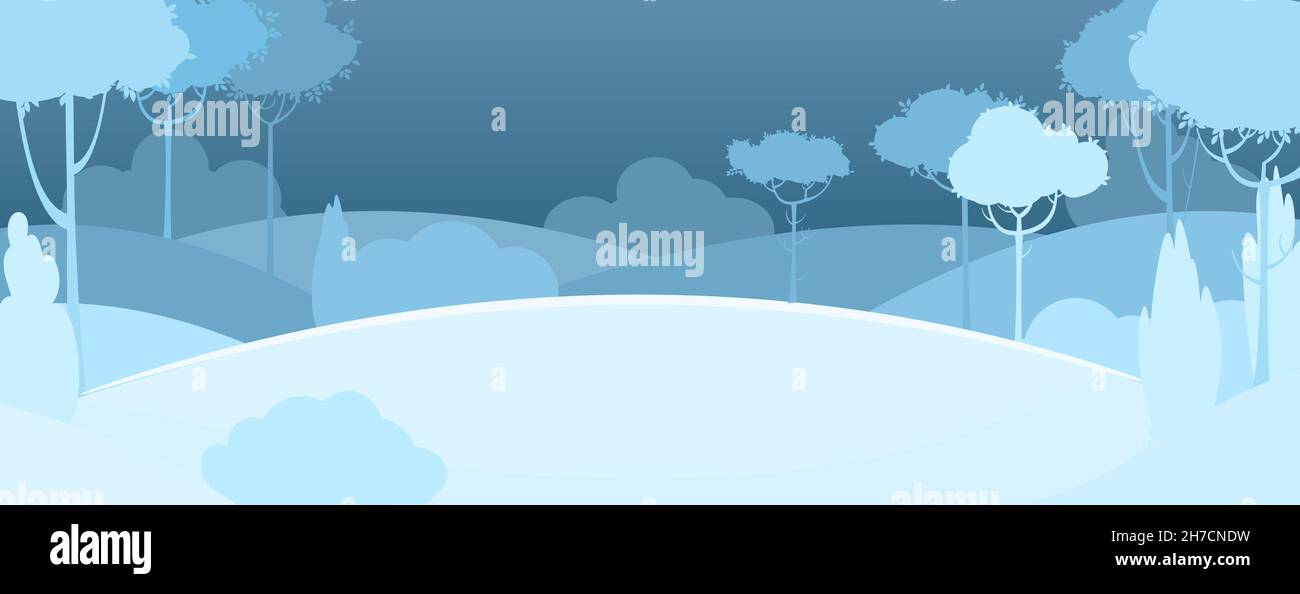 Rural winter. Snowy beautiful landscape. Evening. Cartoon style ...