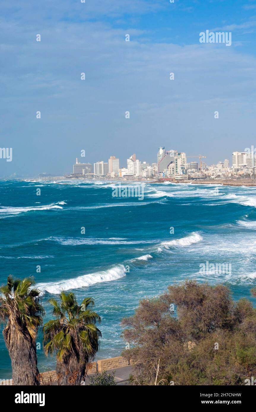 Mediterranean coast and skyline of the metropolis Tel Aviv, Israel, Tel ...