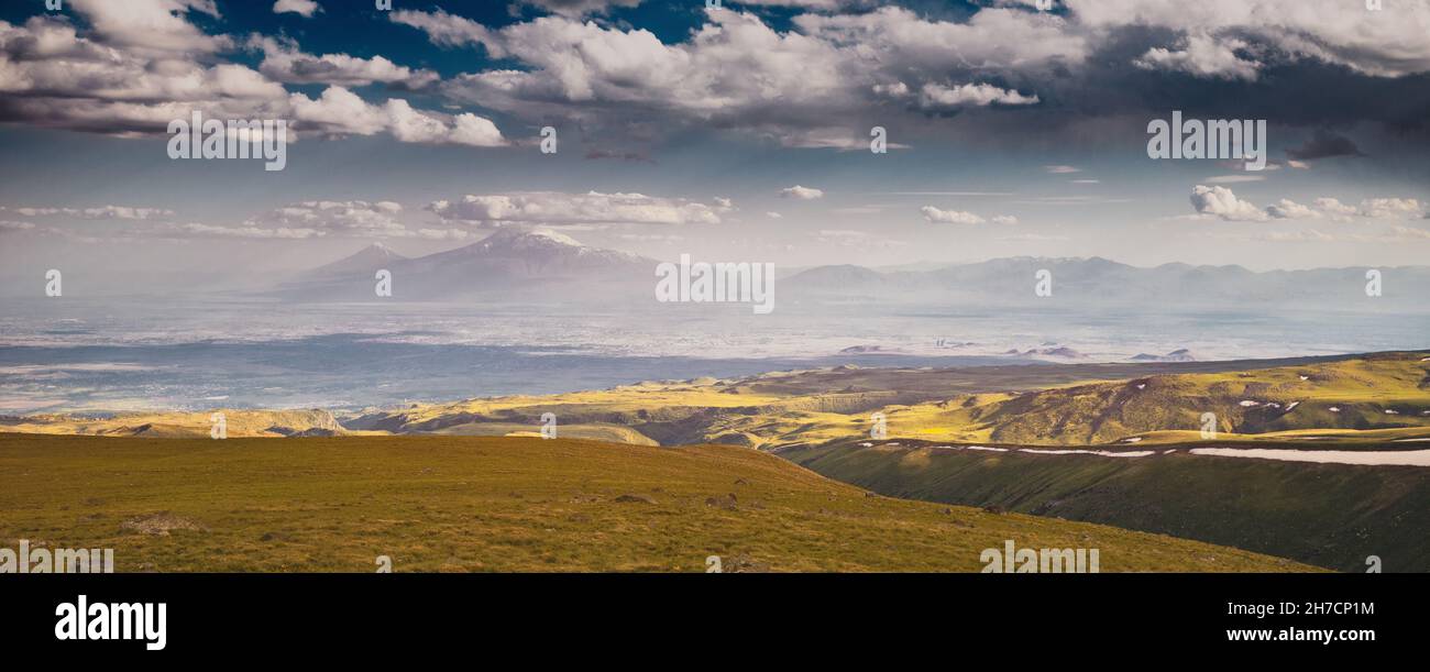 Narrow panorama view of the famous biblical Mount Ararat or Sis and ...