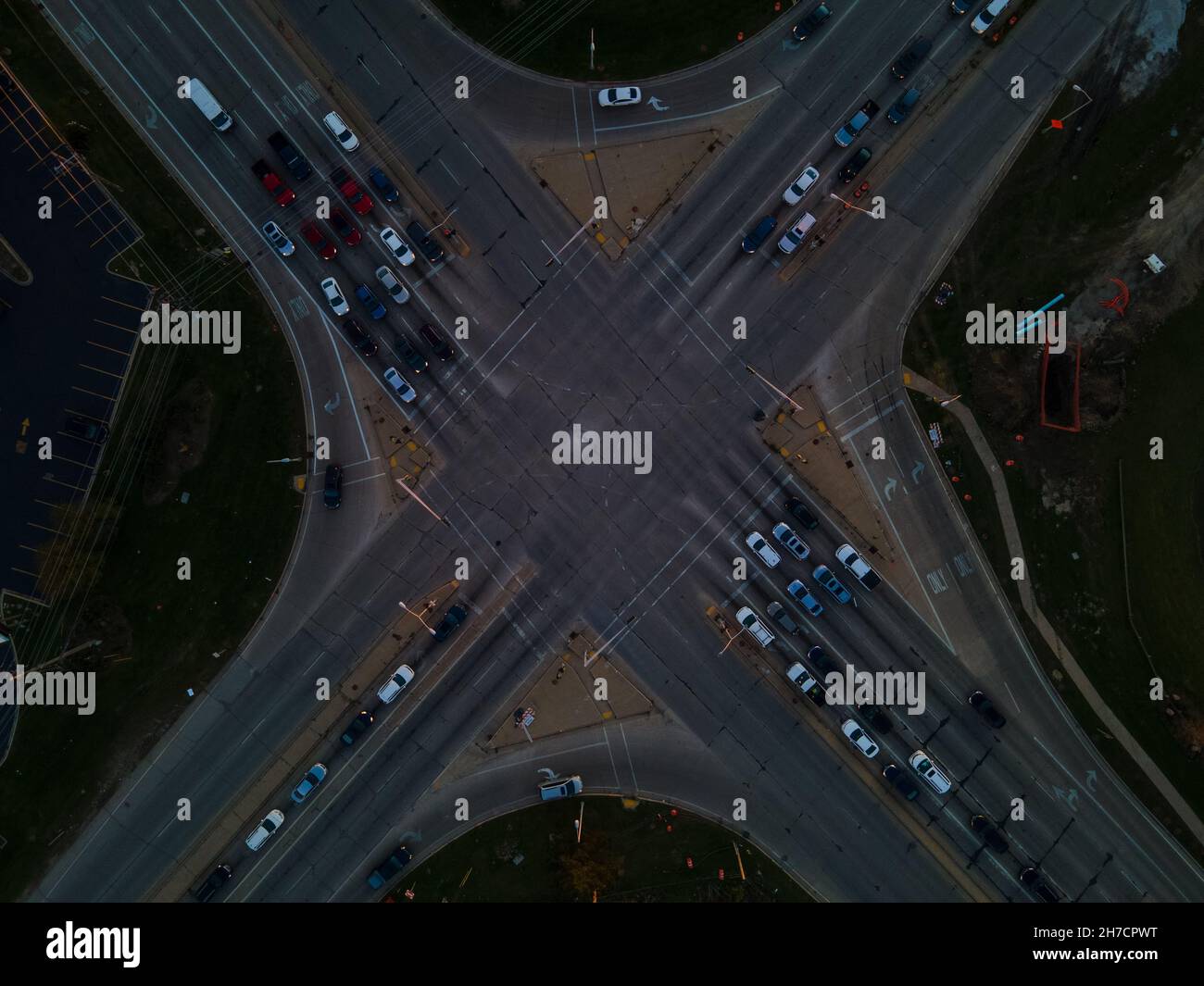 Aerial view of a traffic intersection in Kenosha, Wisconsin at sunset ...