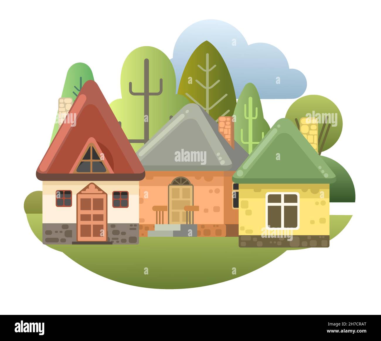 Rural houses. Funny cartoon style. Country suburban village. Farm hut ...