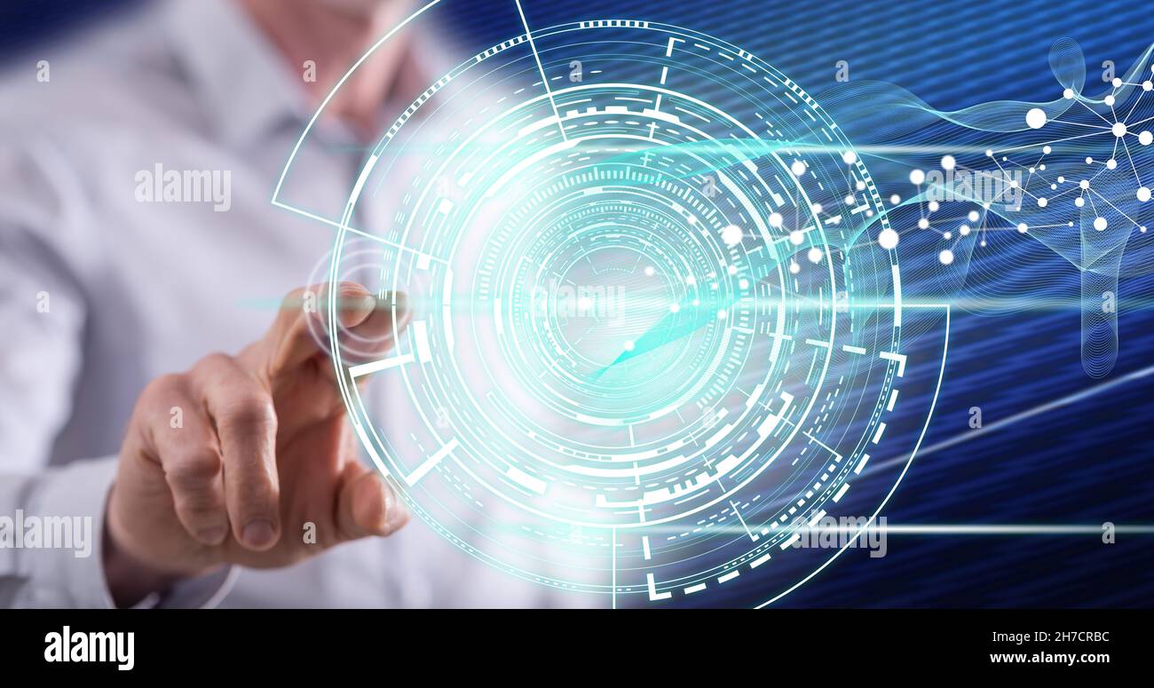 Man touching a technology concept on a touch screen with his finger ...
