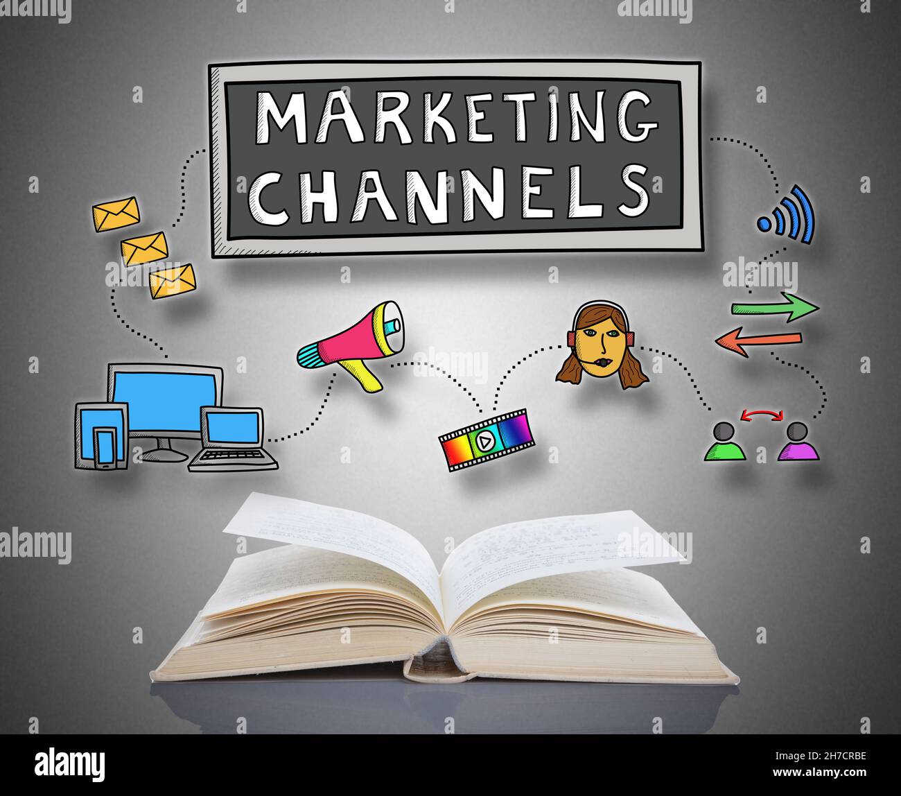 Marketing channels concept above an open book Stock Photo - Alamy