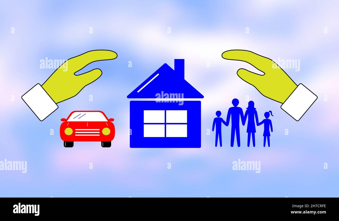 Illustration of a family, home and car insurance concept Stock Photo ...