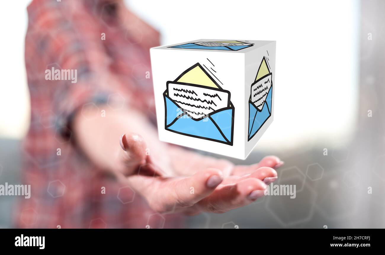 Message concept above the hand of a woman in background Stock Photo - Alamy