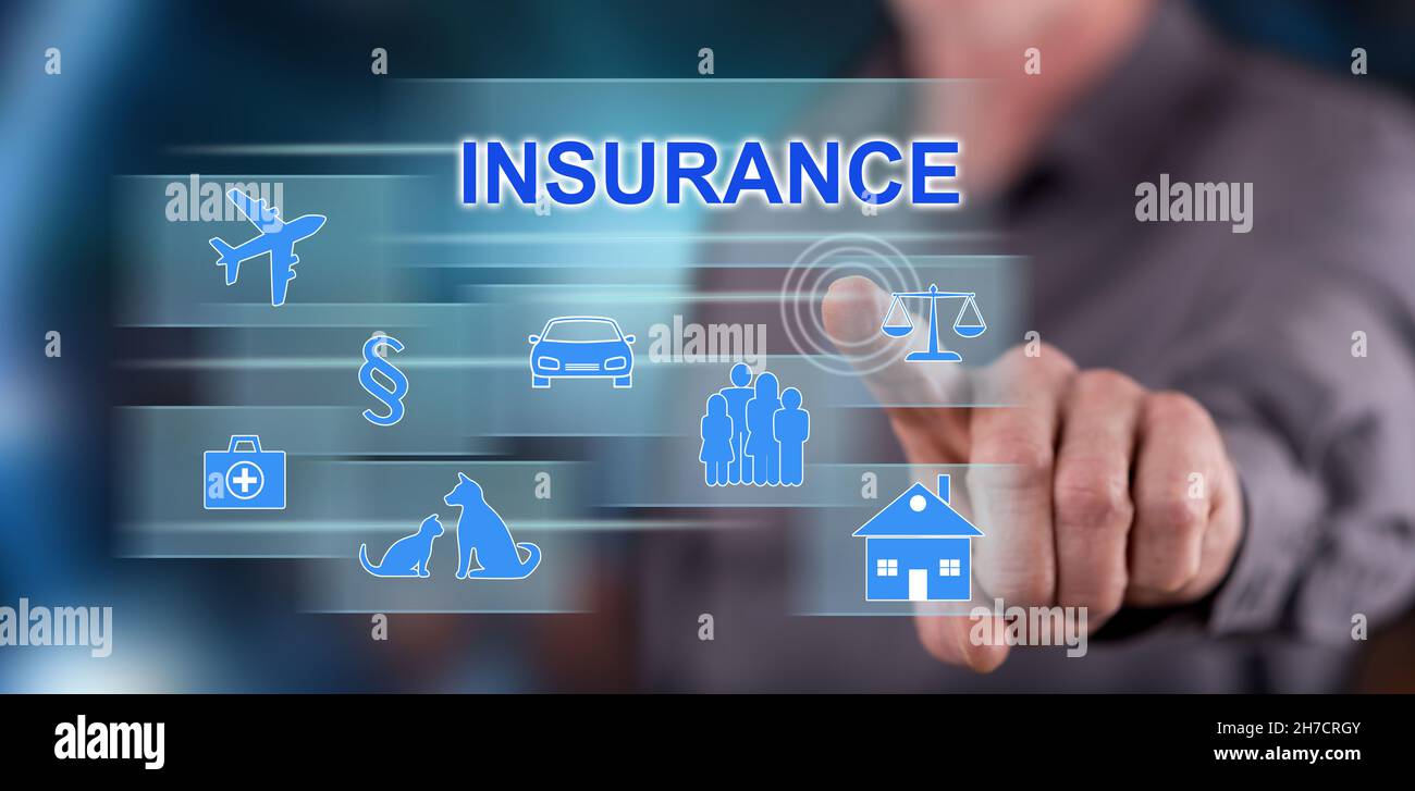 Man touching an insurance concept on a touch screen with his finger ...