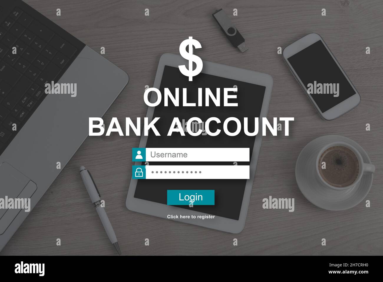 Online bank account concept illustrated by a picture on background ...