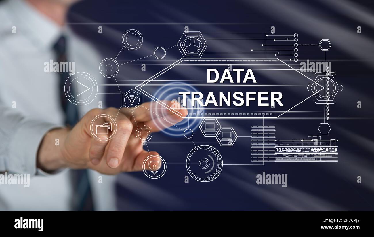 Man touching a data transfer concept on a touch screen with his finger ...
