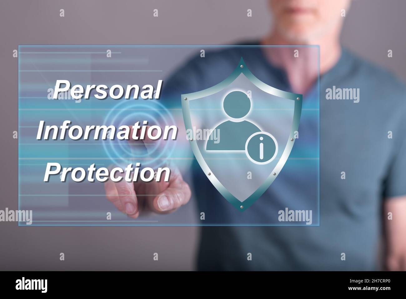 Man touching a personal information protection concept on a touch ...
