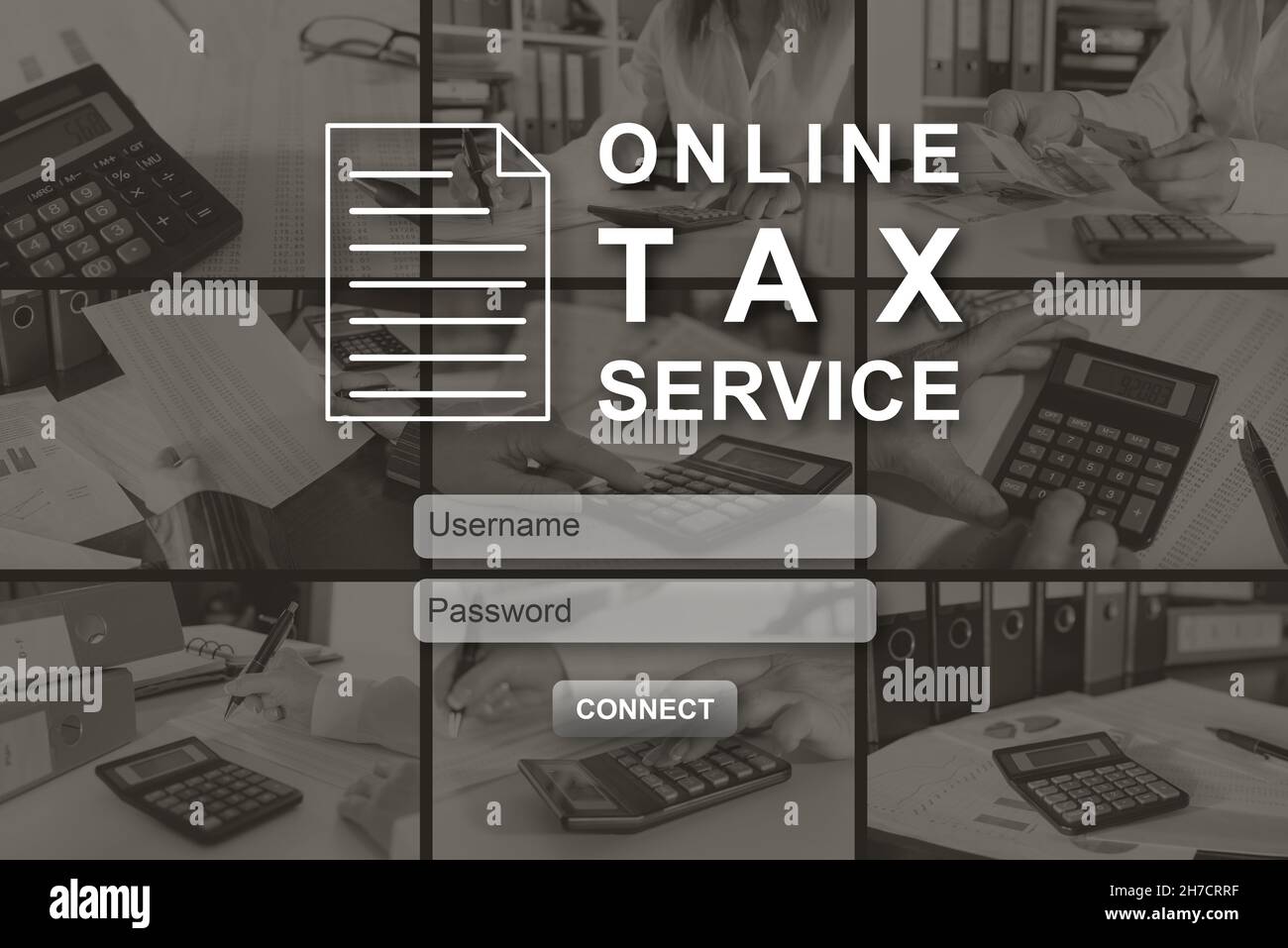 Online tax service concept illustrated by pictures on background Stock ...