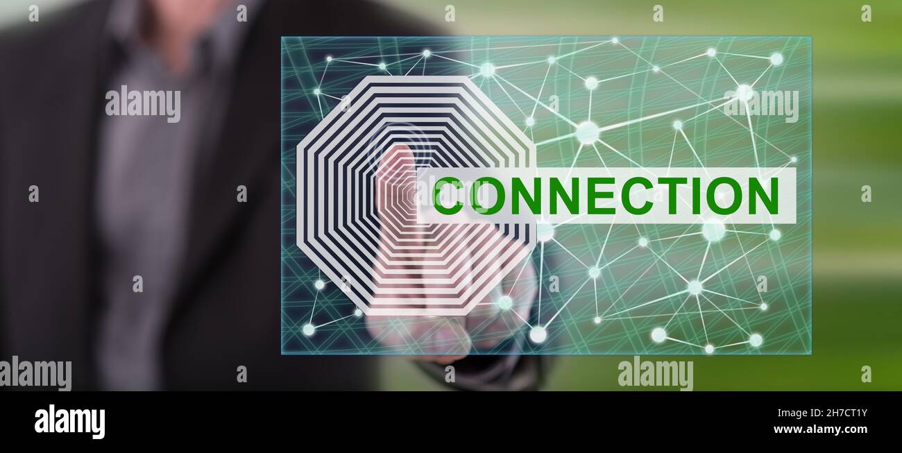 Man touching a connection concept on a touch screen with his finger ...