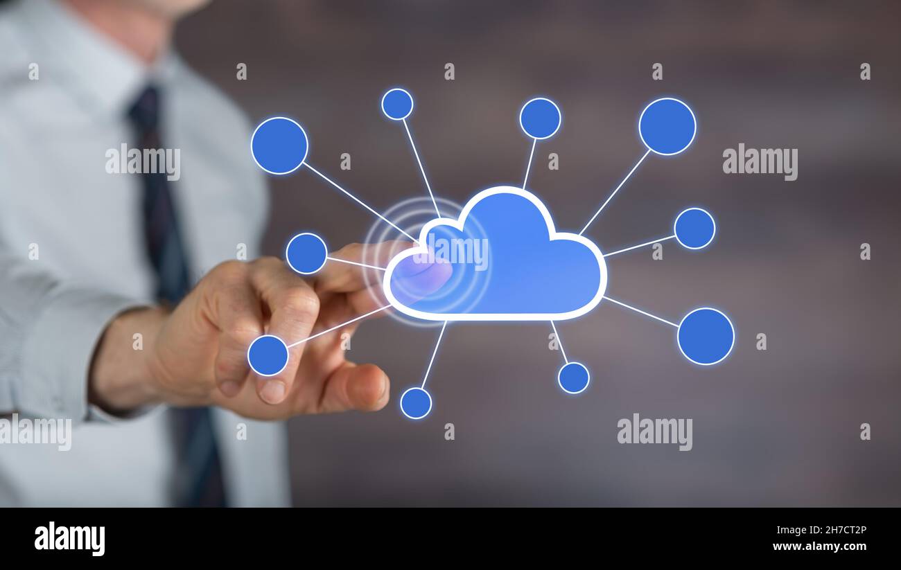 Man touching a cloud networking on a touch screen with his finger Stock ...