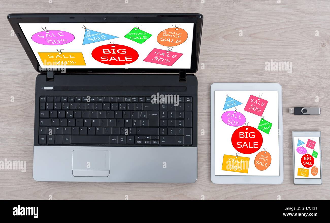 Sale concept shown on different information technology devices Stock ...