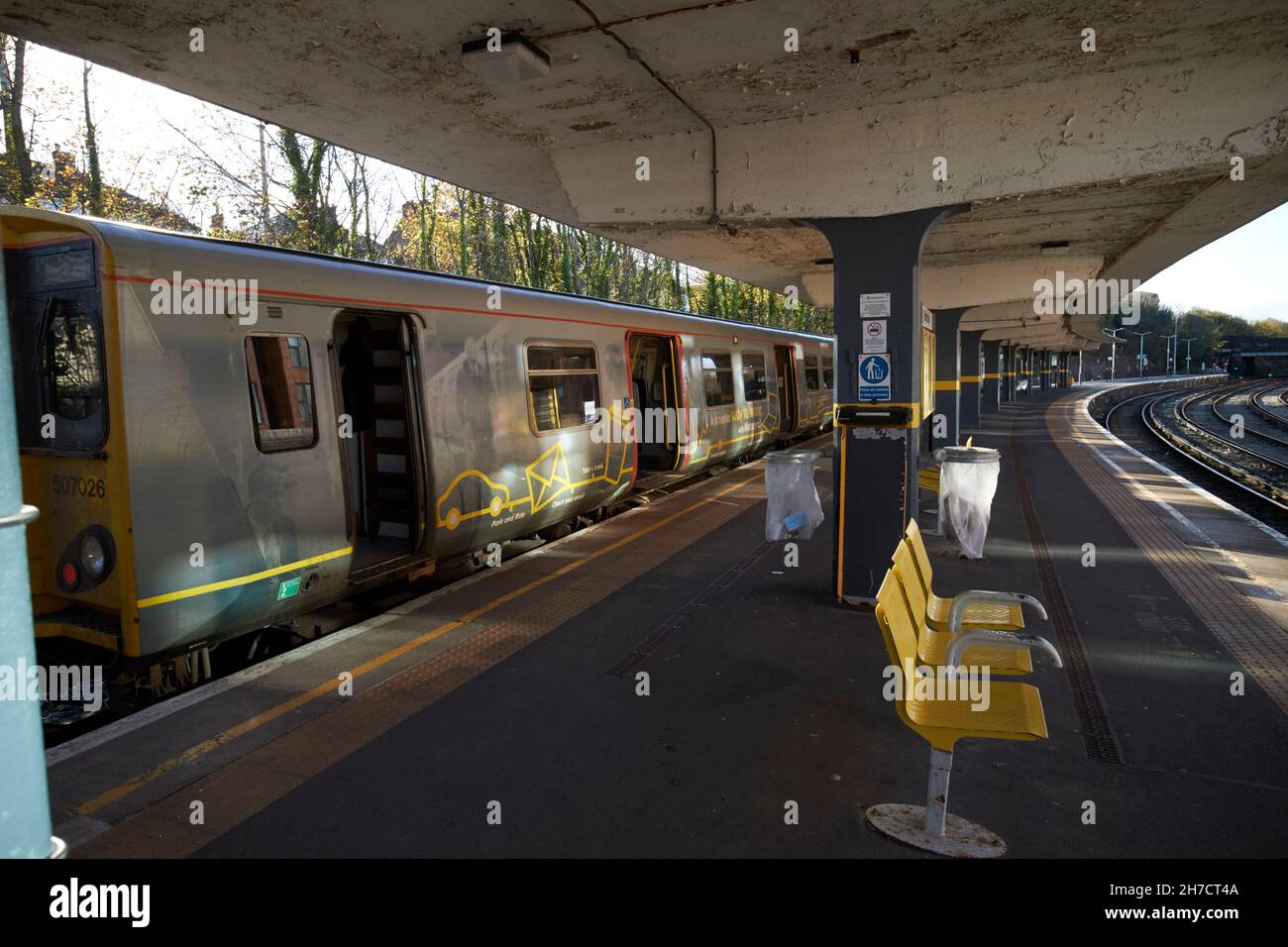 old merseyrail train on the platform of New Brighton train station the ...
