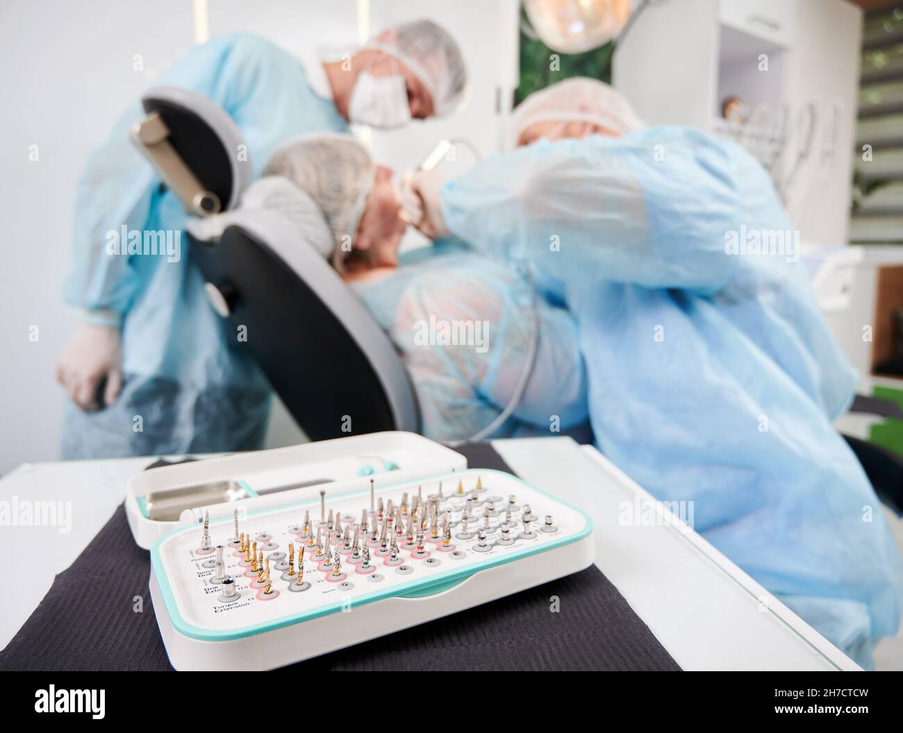 Horizontal close-up snapshot of a surgical taper kit, opened on dentist ...
