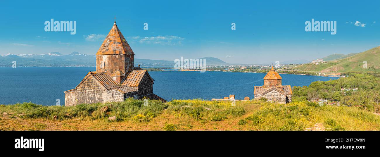 Panorama from the peninsula viewpoint to Sevanavank Monastery and chapel overlooking famous ...