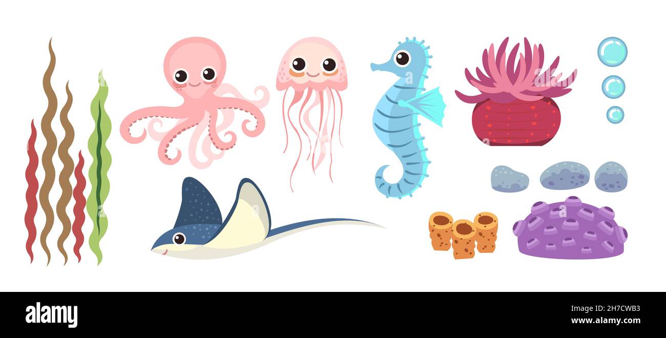 Set of marine objects: octopus, seahorse, jellyfish, plants, stones ...