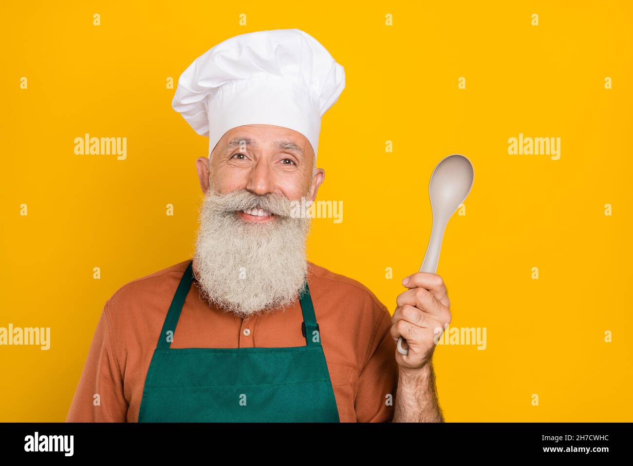 Portrait of attractive cheerful grey-haired man chef holding spoon cafe ...