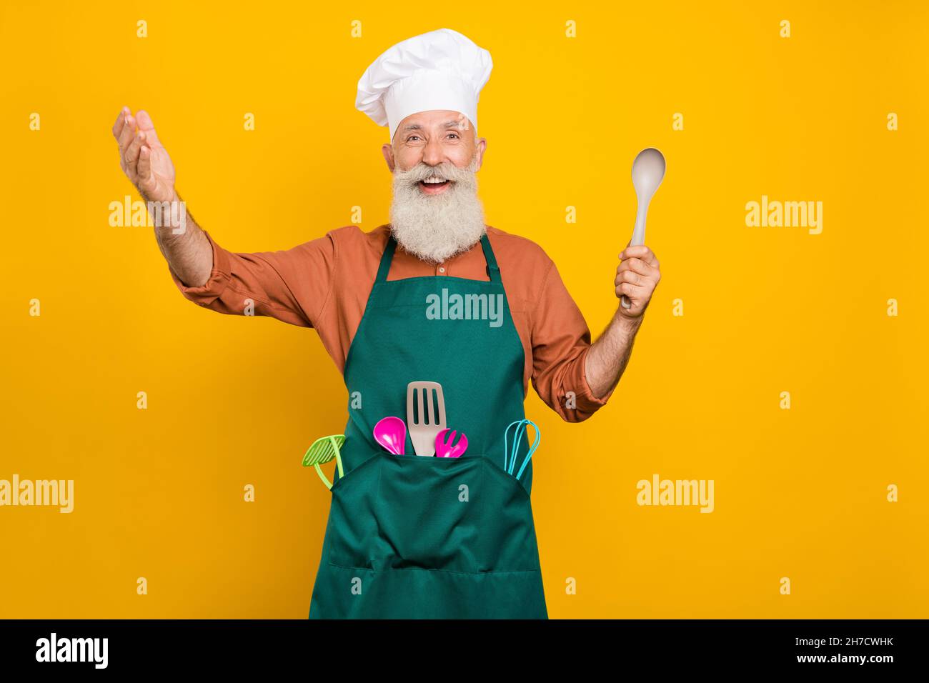 Portrait of attractive cheery grey-haired man chef holding spoon ...