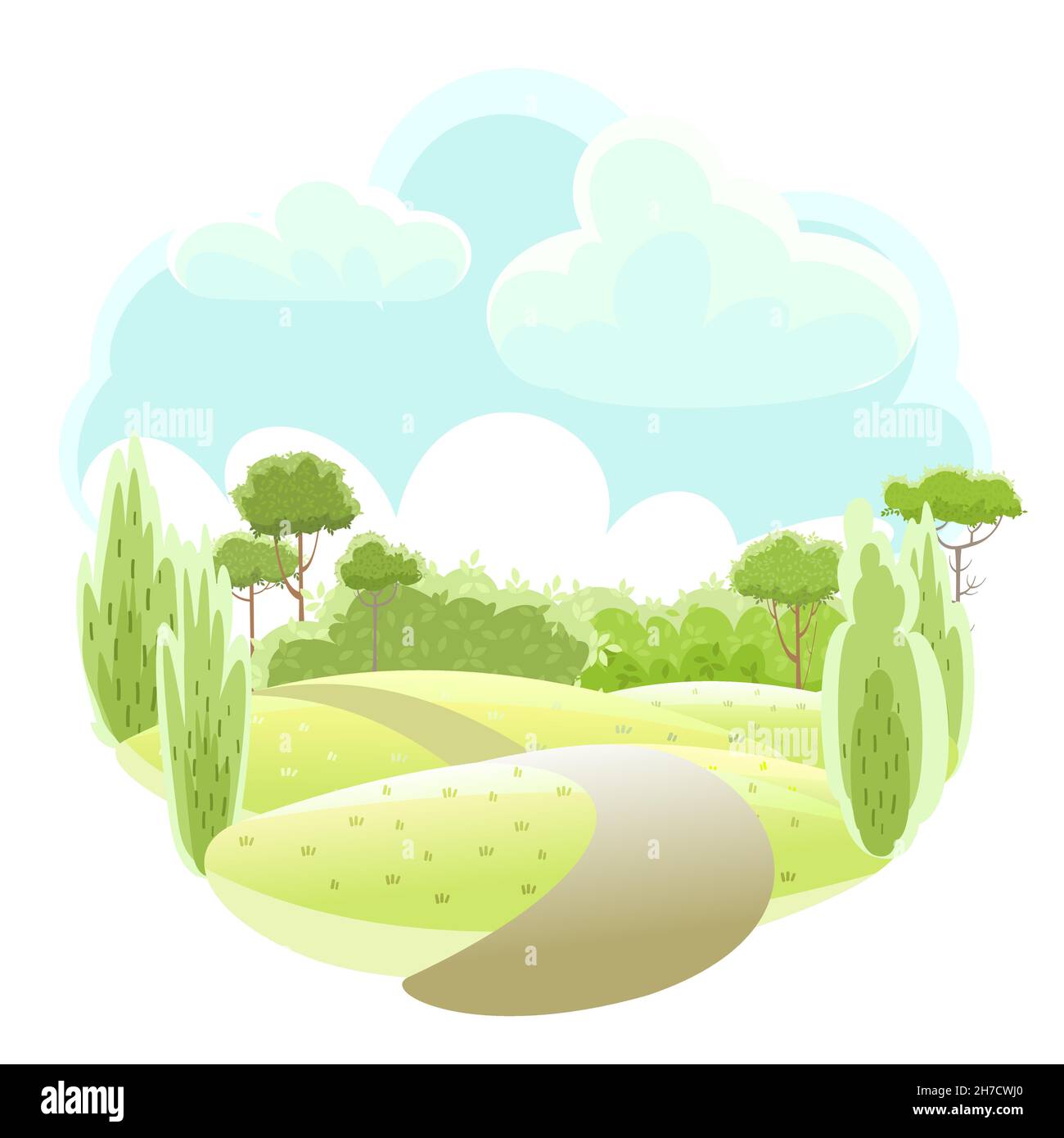 Road. Amusing beautiful forest landscape. Trail. Cartoon style. Leaves ...