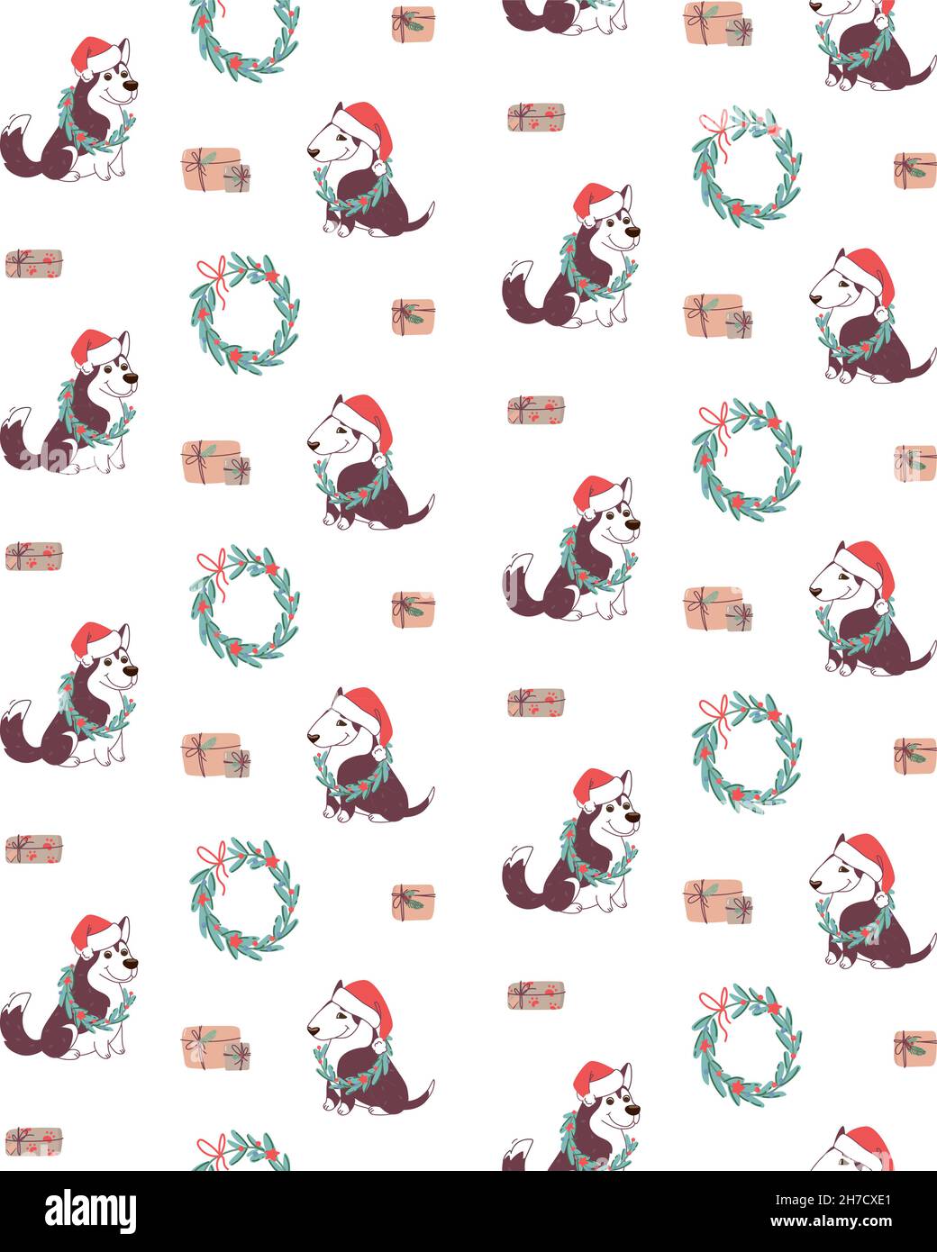 Christmas background with wreaths and dogs. Vector seamless pattern in ...