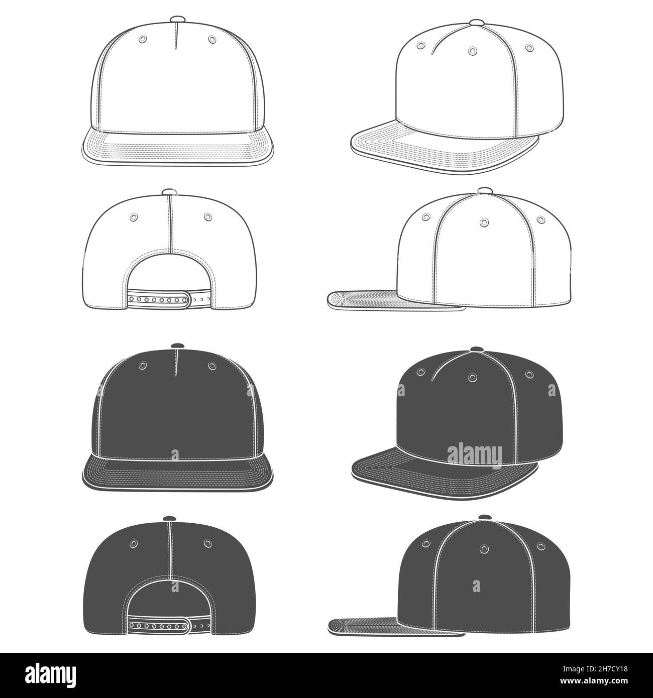 Set of black and white illustration of a snapback, rapper cap with a ...