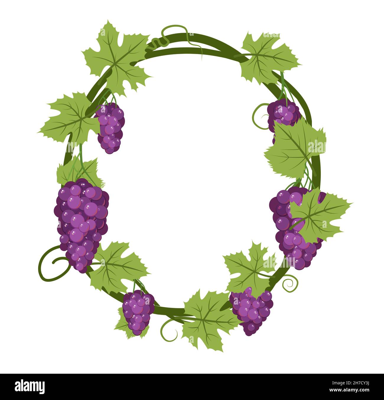 Round Frame. Vine with foliage and bunches of grapes. Viticulture and ...