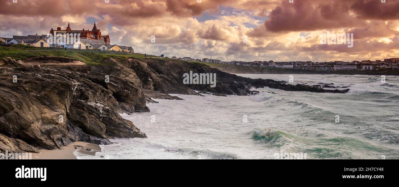 A panoramic image of rough sea and the wild rocky coastline of the ...