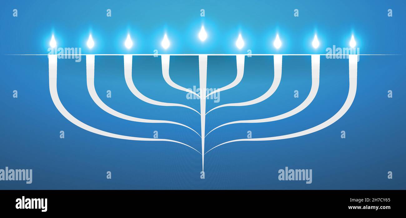 Banner with abstract Hanukkiah design, with nine lighted flames over ...