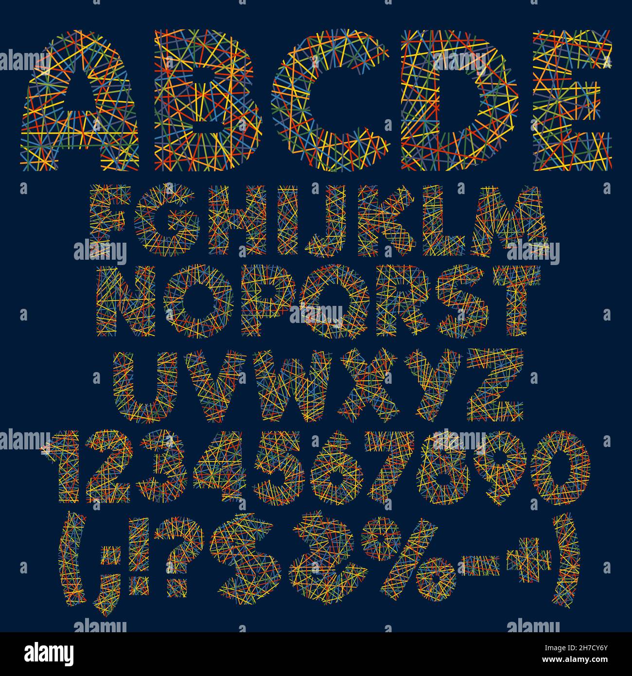 Alphabet, numbers, letters and signs of color stripes, ribbons, threads ...