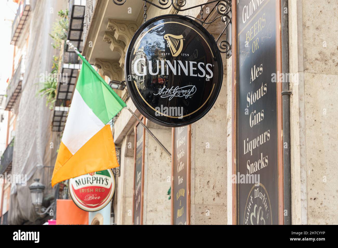 VALENCIA, SPAIN - NOVEMBER 19, 2021: Guinness is an Irish dry stout. It ...