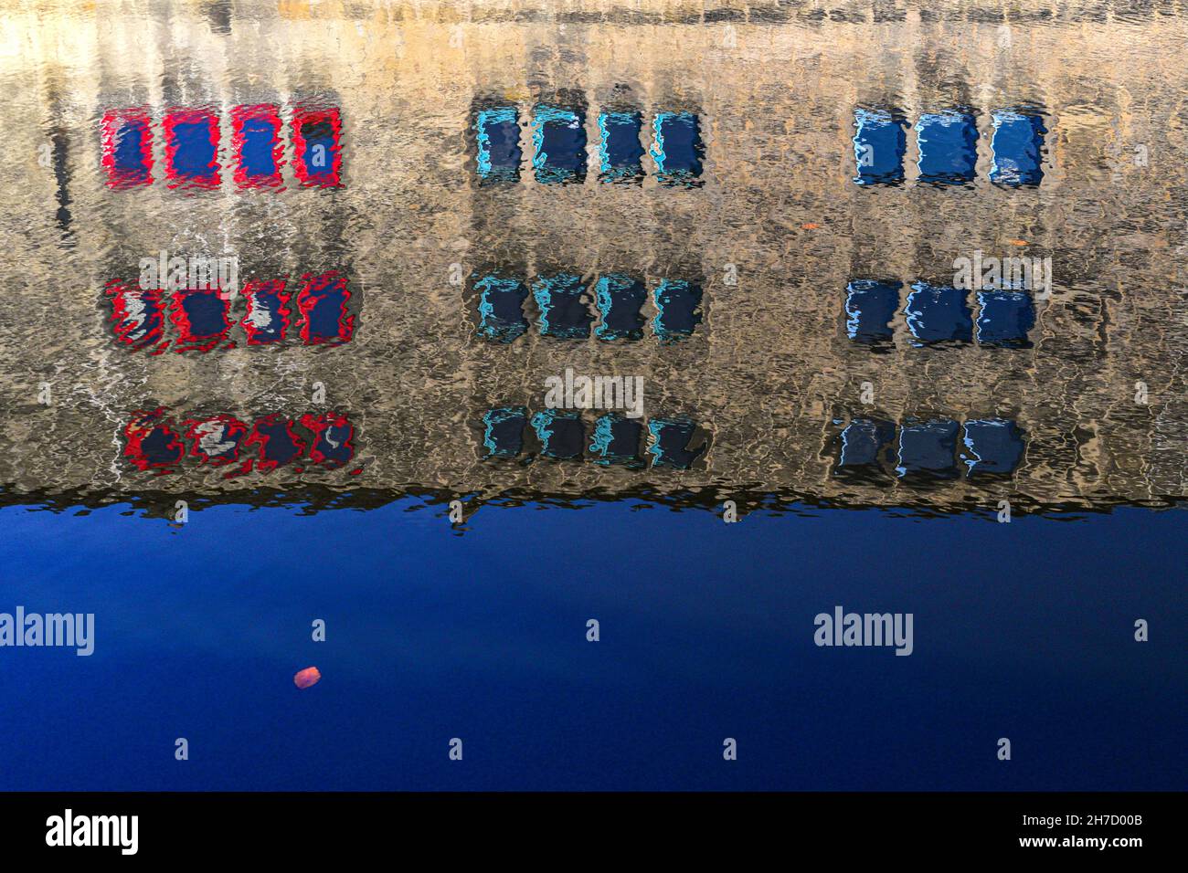 Coloured Windows of Weavers Cottages, reflected in the Rochdale Canal ...