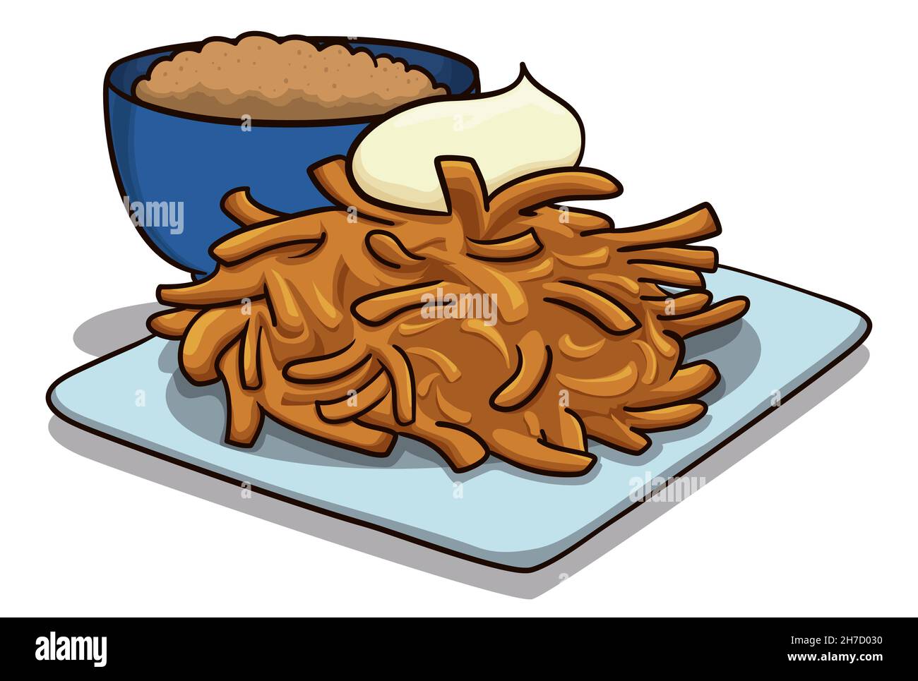 Scene with latke over square plate and a bowl with applesauce, ready to ...