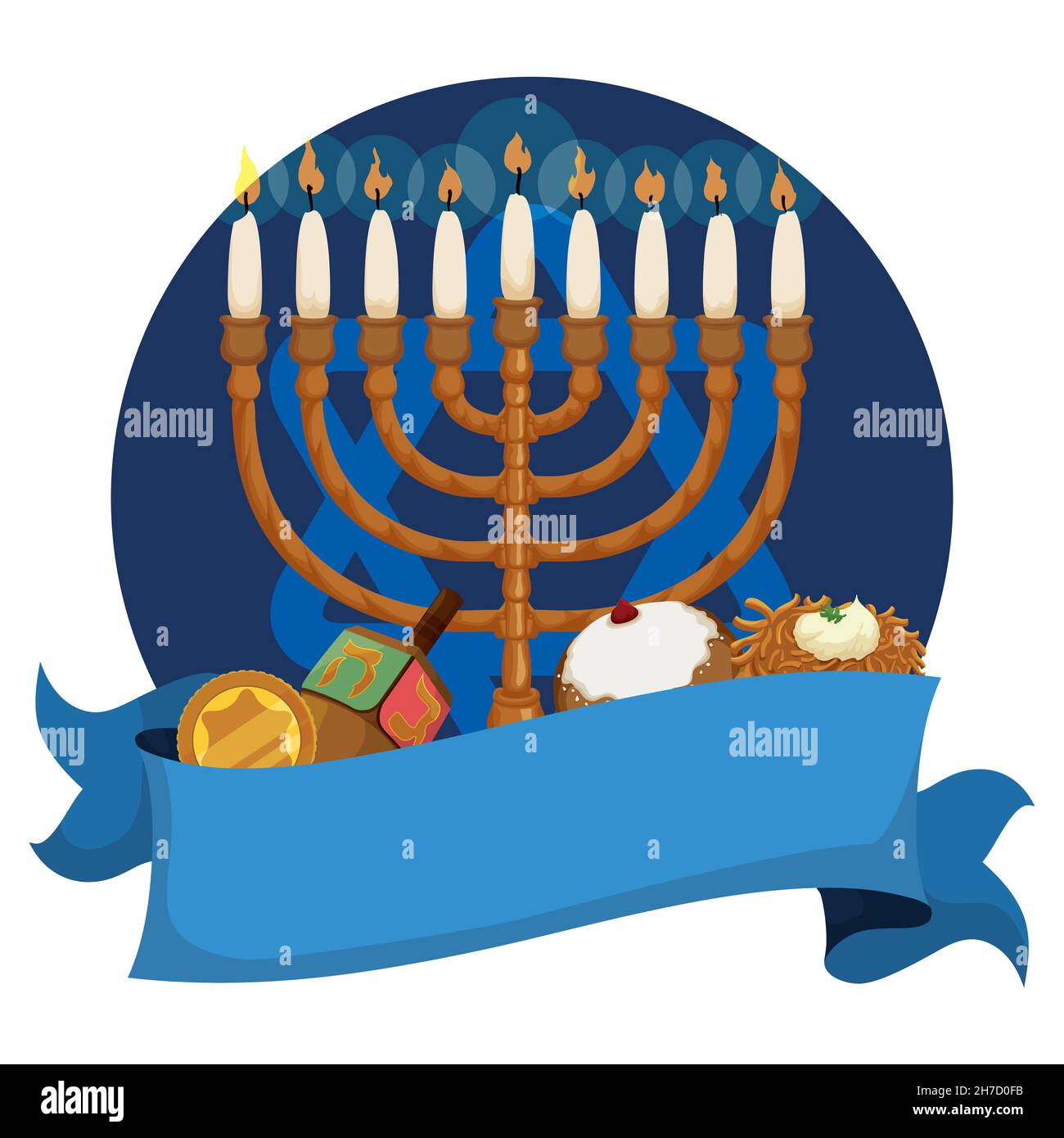 Festive design for Hanukkah with traditional elements: hanukkiah with ...