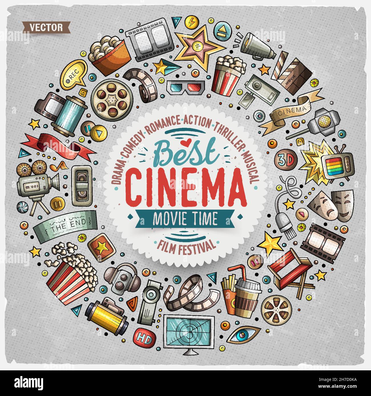 Colorful vector hand drawn set of Cinema cartoon doodle objects ...