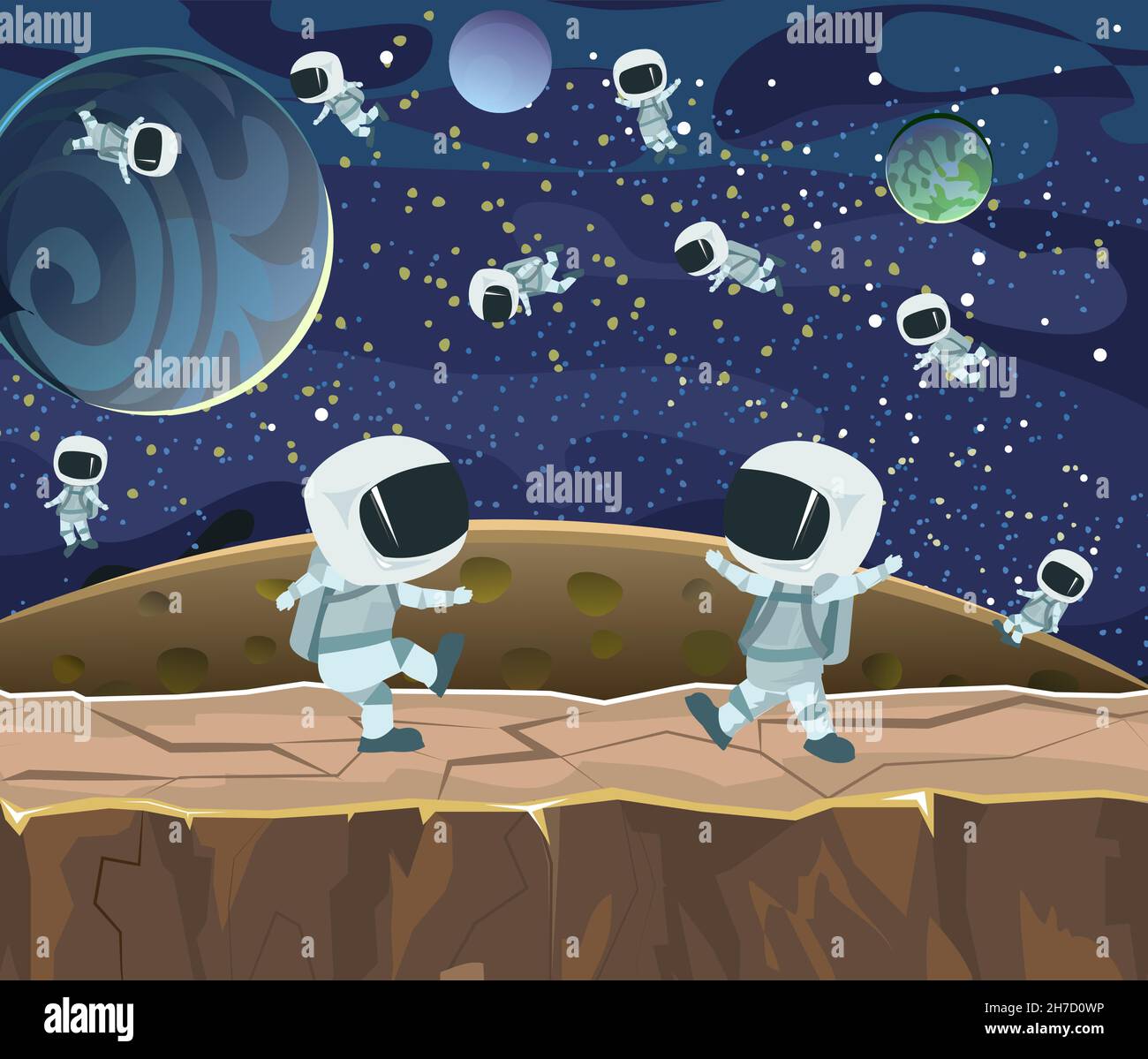 Astronauts in spacesuits. Cosmos background. Platform. Childrens ...