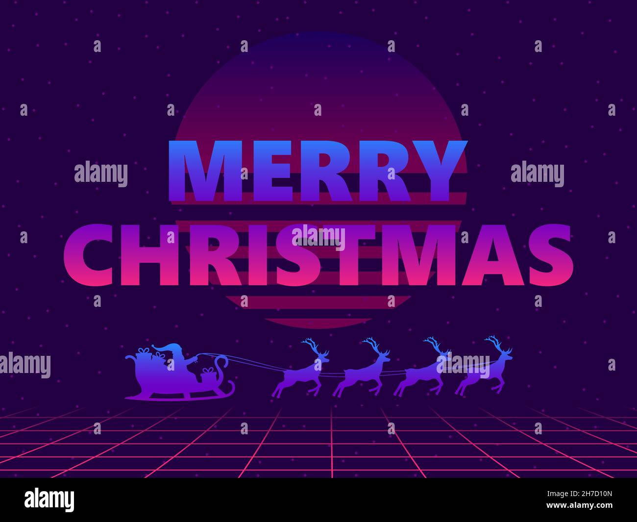 Santa Claus in a sleigh with reindeer in 80s virtual reality. Synthwave ...
