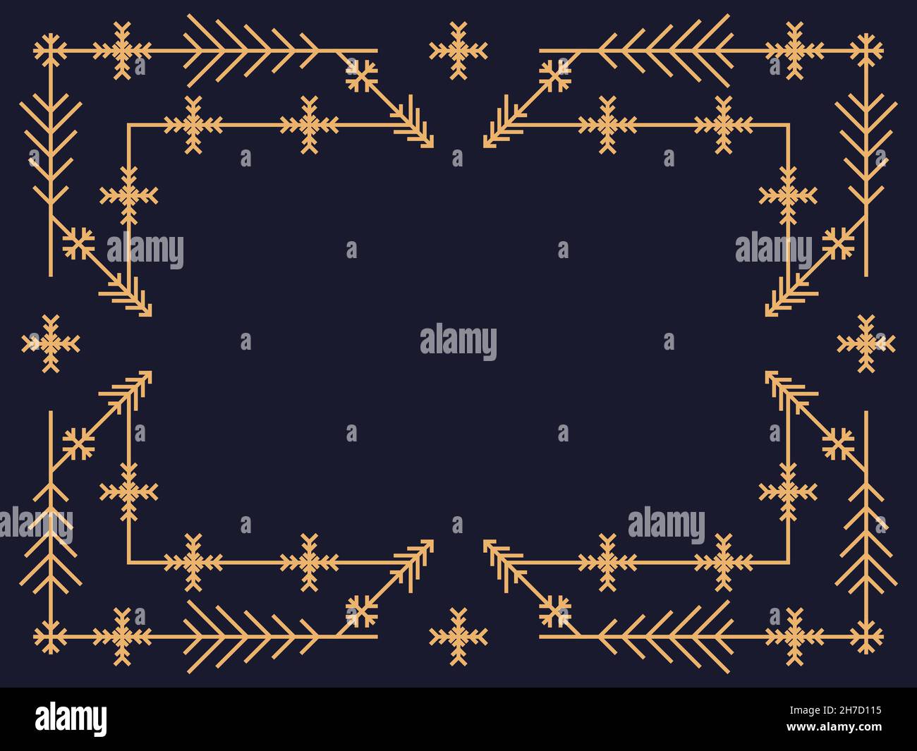 Art deco frame with snowflakes. Christmas linear border, line art ...