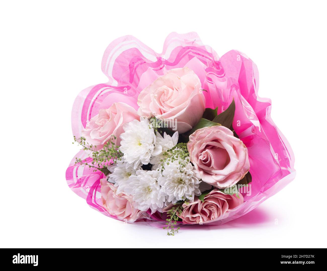 Pink bouquet of roses and other flowers isolated ober white background ...
