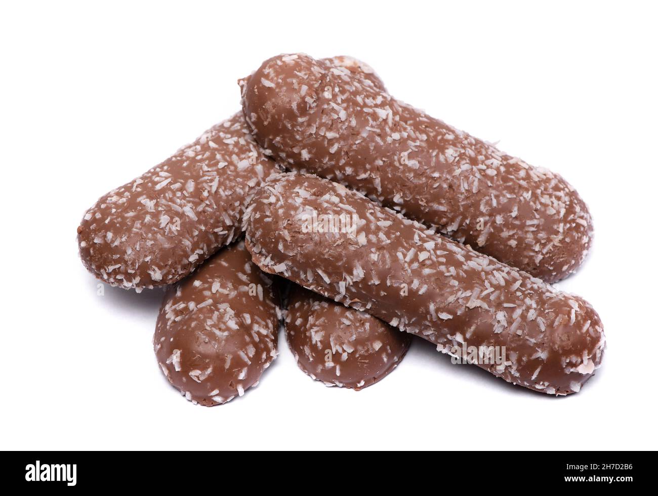 Group of long chocolate bars with coconut powder isolated over white ...