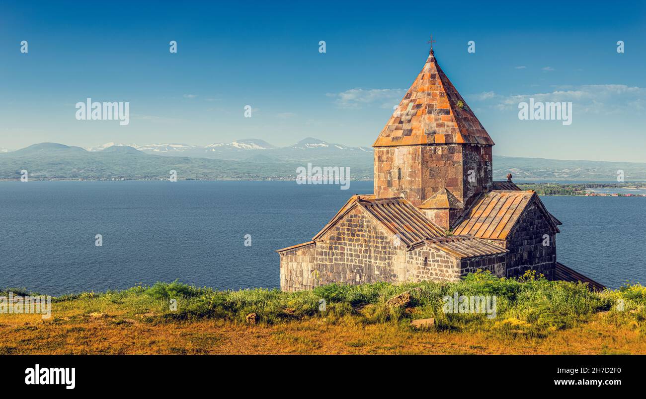 Panorama from the peninsula viewpoint to Sevanavank Monastery and chapel overlooking famous ...
