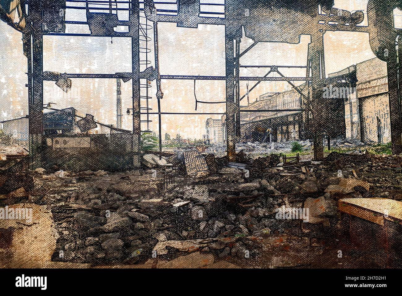 A factory or plant destroyed as a result of hostilities. Manufacturing ...
