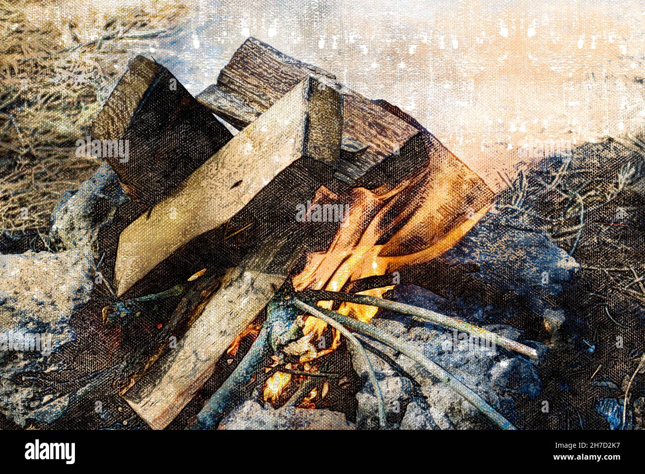 Burning logs in the fire. A camp fire in close-up. Digital watercolor ...